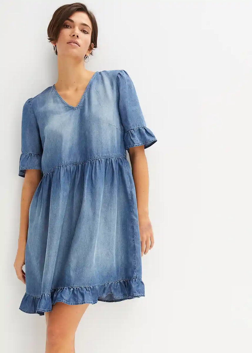Obleka iz jeansa z volani – bonprix